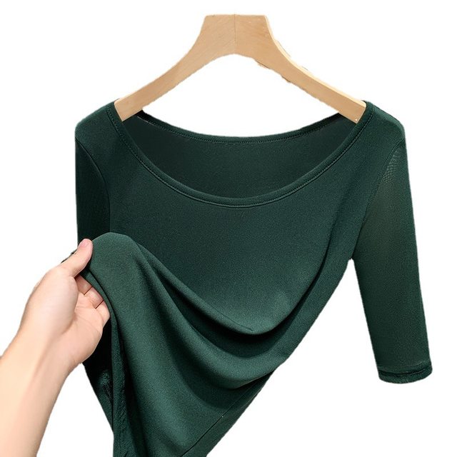 Large round neck mesh T-shirt women's mid-sleeve summer low-cut inner ...