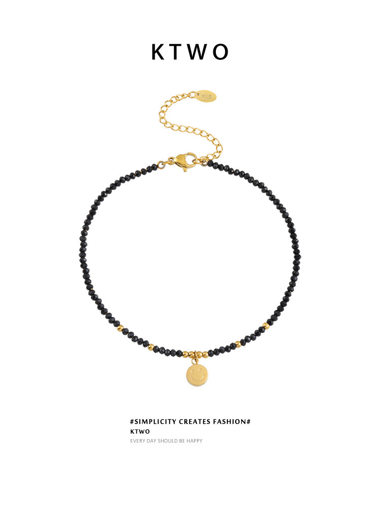 Ktwo Black Spinel Anklet - Smiling Face Design - Gold Plated