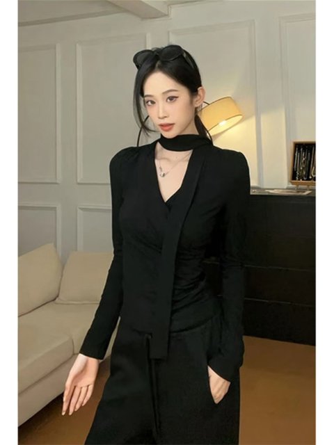 Black V-neck streamer plus velvet thickened bottoming shirt for women ...
