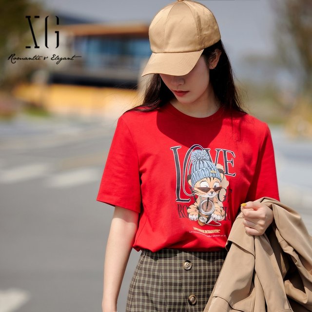 XG Xuege all -cotton red round neck short -sleeved T -shirt female 2023 spring new cartoon ...