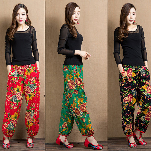 Chinese-style old Beijing Tang suit large size loose women's trousers ...