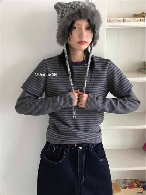 Unique SEI street contrasting retro striped fake two-piece short slim ...