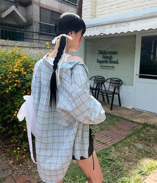 Unique SEI Korean style street college checked cream blue loose summer ...