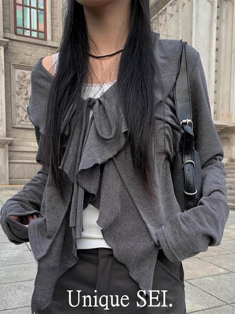 Unique SEI retro Korean style personalized gray ruffle lace-up ...