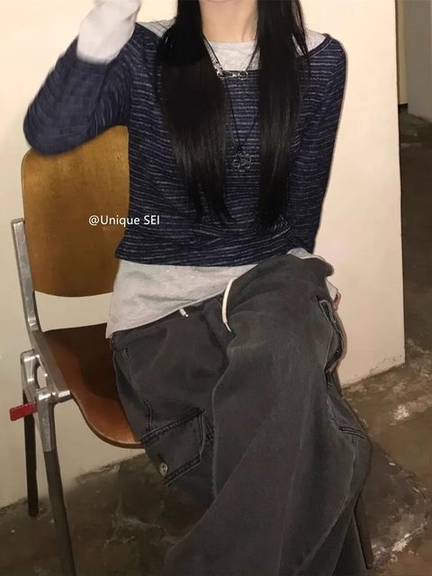 Unique SEI street niche lazy splicing fake two-piece contrasting color ...