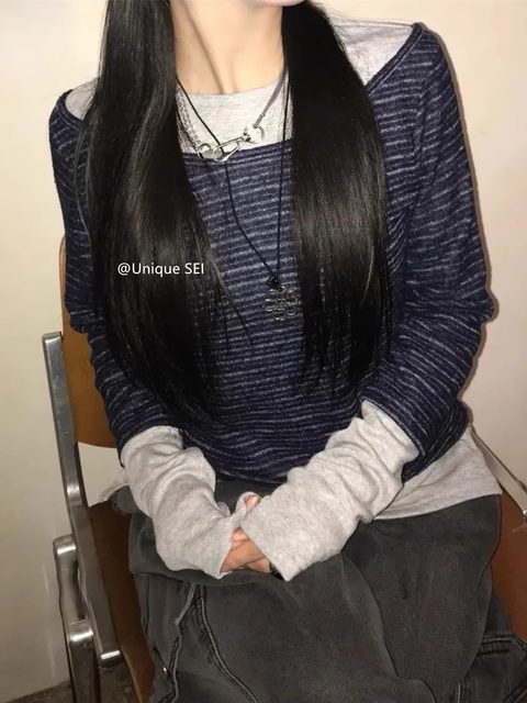 Unique SEI street niche lazy splicing fake two-piece contrasting color ...