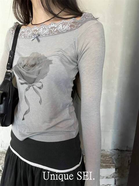 Unique SEI Street Retro Dark Rose Flower Lace Soft Off-Shoulder Pure ...