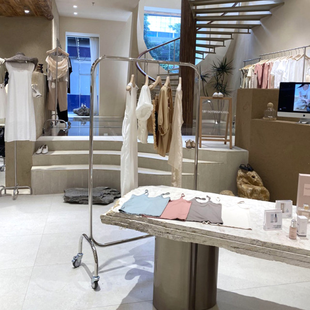 Clothing store stainless steel clothes rail with wheels silver island ...