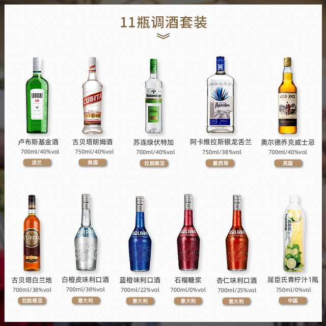 Six Cocktail Base Wine Set Bartending Wine Brandy Whiskey Vodka Rum Gin Tequila