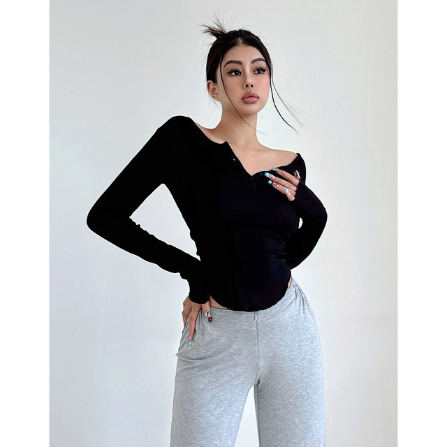 liviahome Pure Desire Sexy Button V-neck Tight Long Sleeve T-Shirt Tops Women's Body Shaping ...