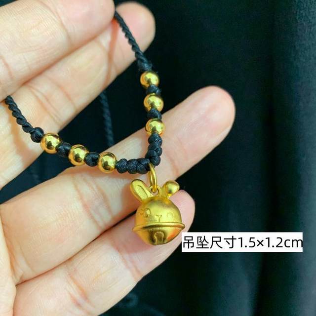 Handmade black rope bell rabbit brass gold plating female necklace red ...