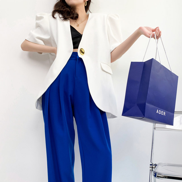 AKSAYA high-end stylish retro puff sleeves loose Klein blue short ...