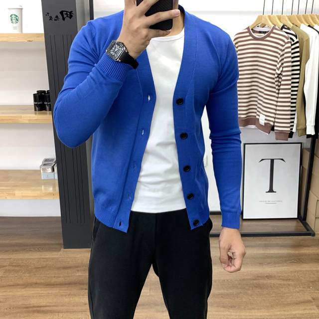 Spring and autumn thin knitted men's cardigan jacket trendy handsome solid color all-match ...