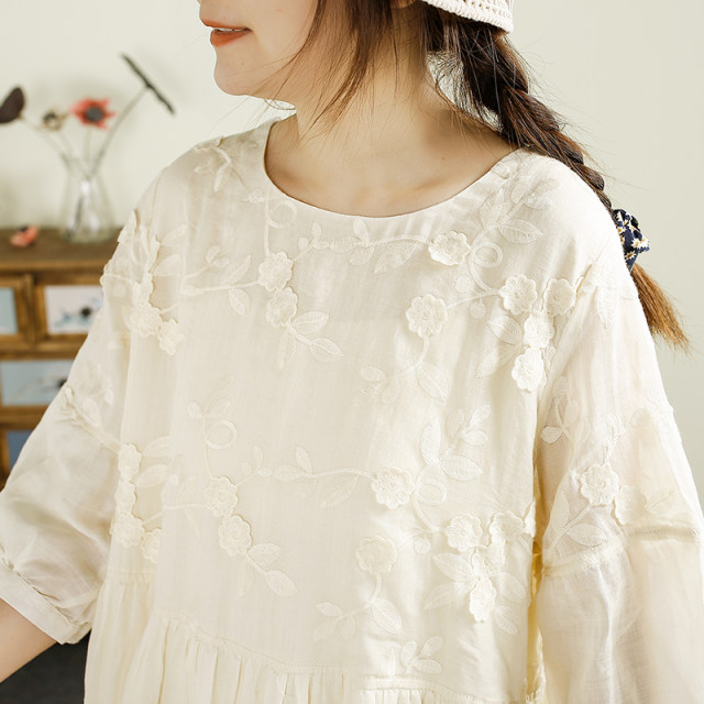 Qianqiu Feiyan Literary Retro Ramie Embroidery Crochet Dress Women's ...