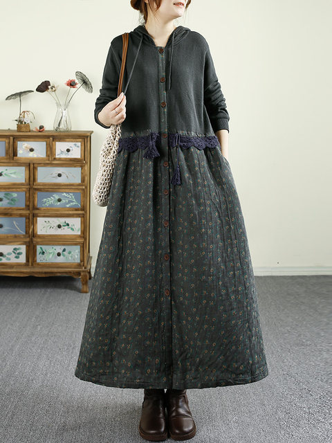 Qianqiu Feiyan Literary Lace Cotton Knitted Splicing Floral Dress Women ...