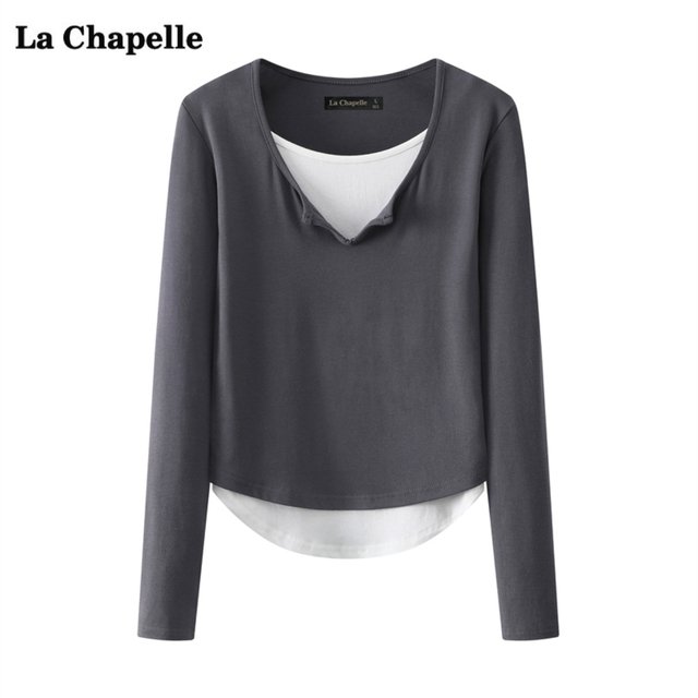 LaChapelle/LaChapelle small V-neck fake two-piece long-sleeved T-shirt ...