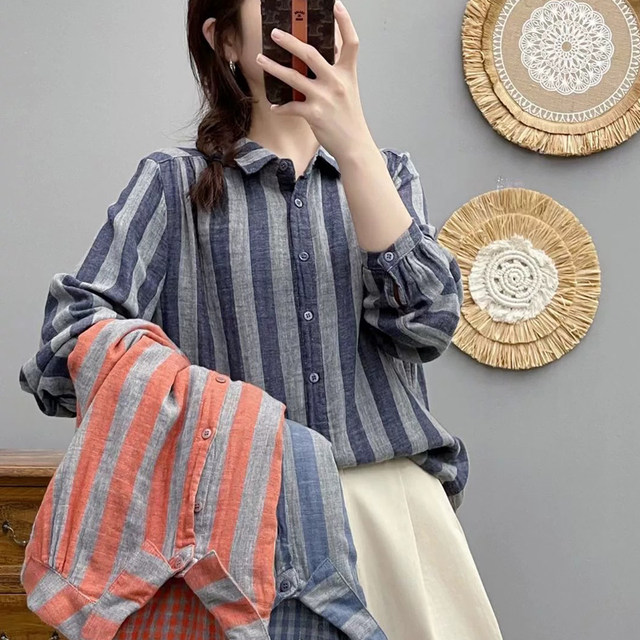 Japanese double-layer cotton tulle striped long-sleeved shirt for women ...