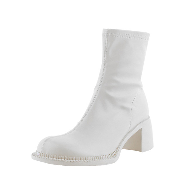 White boots for women thick-heeled short boots thick-soled genuine ...