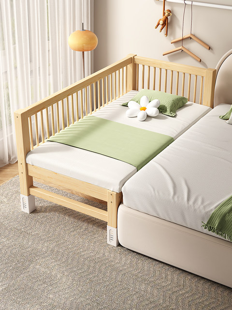 Solid wood children's crib with guardrail splicing large bed widened ...