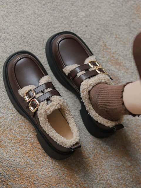 Lamb with velvet brown leather shoes 2023 autumn and winter new style ...