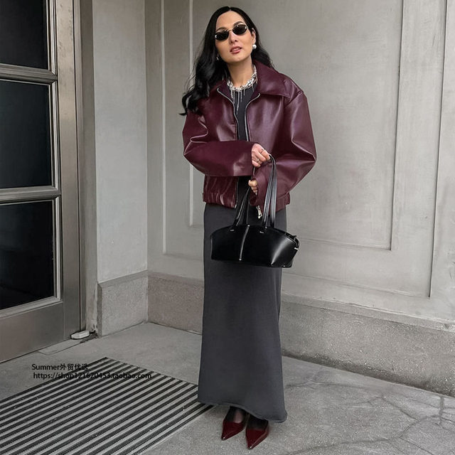 Motorcycle style leather jacket 2024 European and American wine red ...