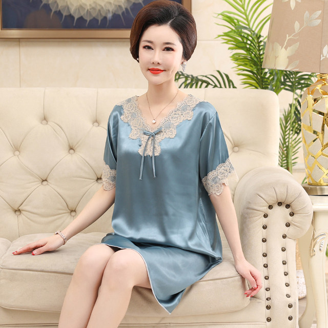 Mom's summer nightgown, women's ice silk pajamas, silk thin short ...