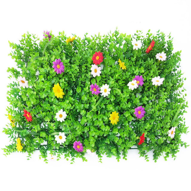 Fake turf paving, artificial plastic flower wall, simulated lawn stair ...