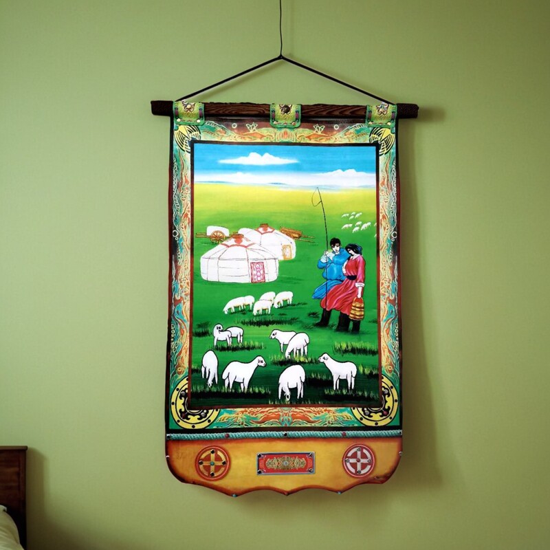 Genghis Khan Leather Painting - Mongolian Folk Art Scroll
