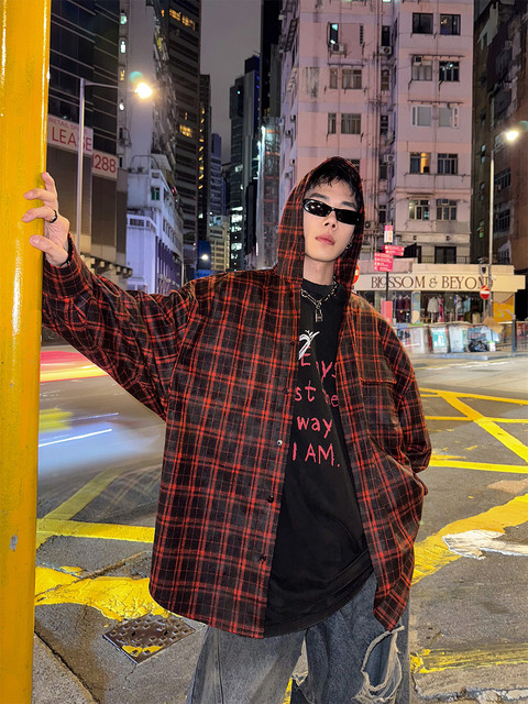 DBW Doublewin Street Player Retro Mottled Design Plaid Shirt Jacket Men's Hooded Casual Shirt