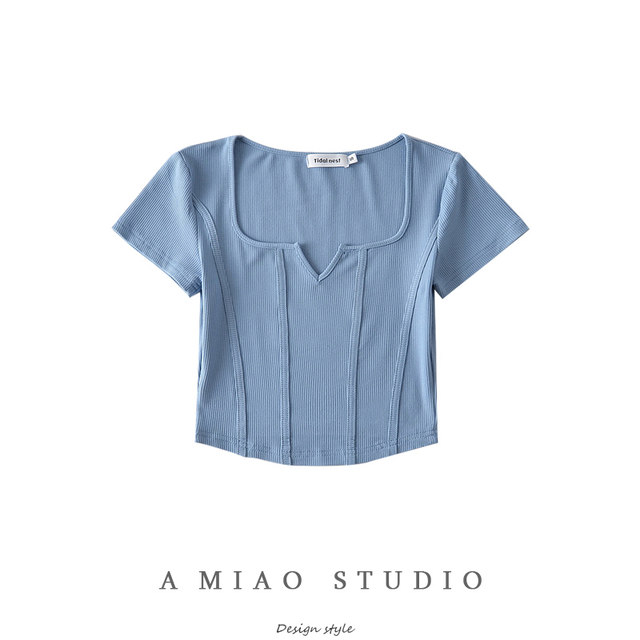 American retro low-cut small V-neck short-sleeved slim T-shirt summer ...