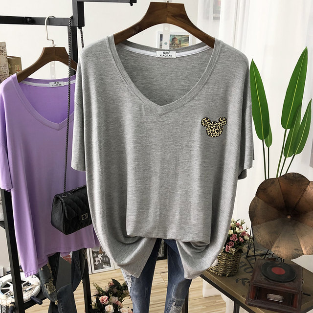 Thin cool ice silk drooping large size V-neck modal t-shirt women's ...