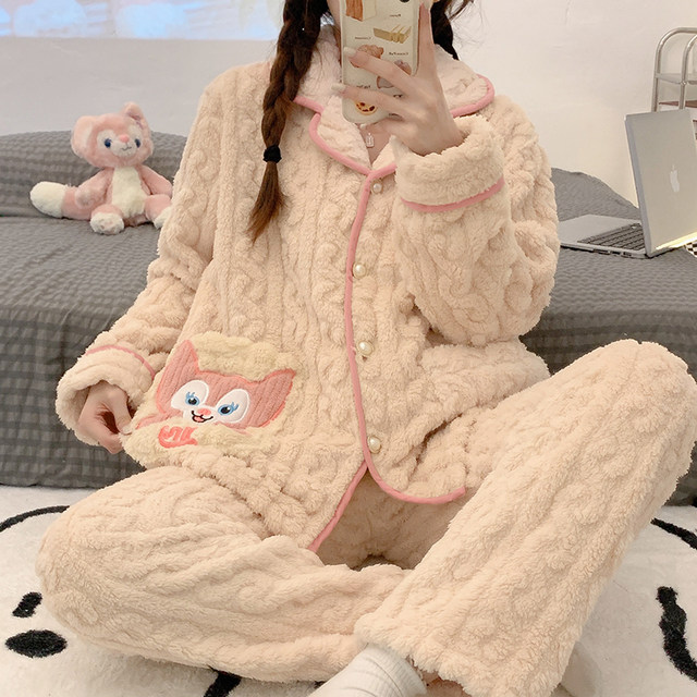 Women's Pajamas Winter Thickened Warm Coral Fleece Set 2024 New Cartoon ...