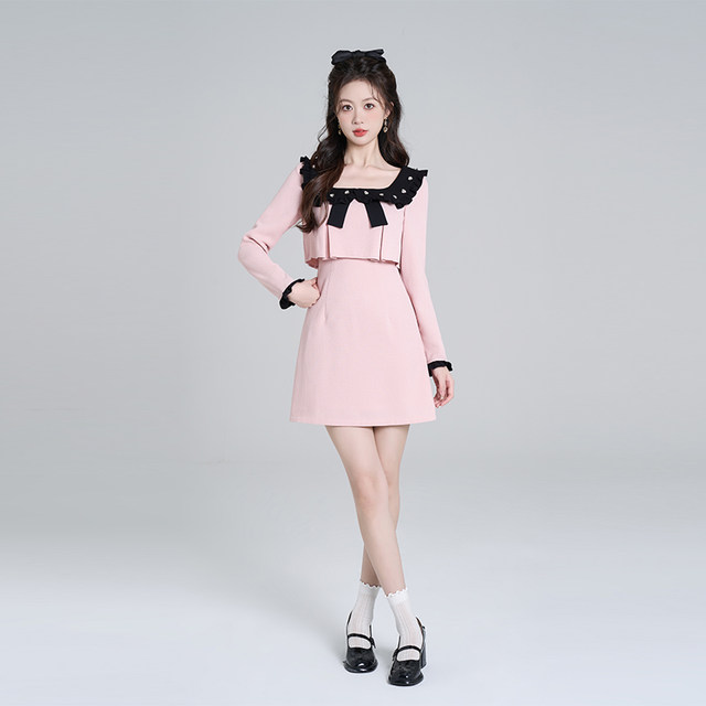 Xiaoxiangfeng pink square neck long-sleeved dress for women, autumn ...