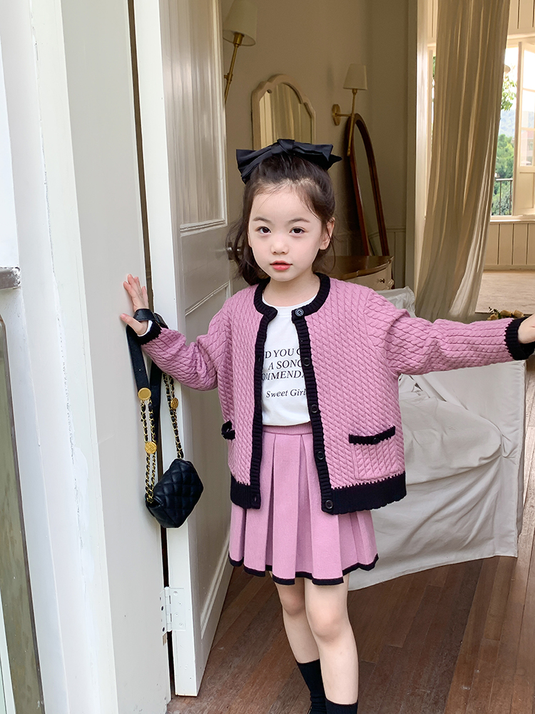 Yiyi Ma Girls Spring and Autumn Small Fragrant Style Sweater Set Children's Korean Contrast ...