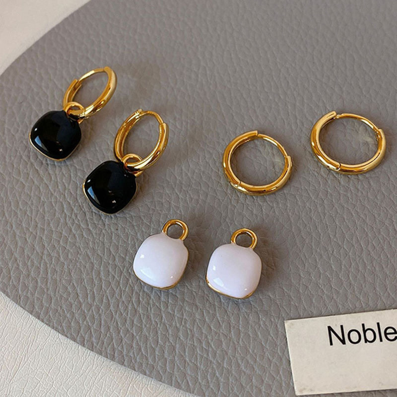 S925 Silver French square drip glaze ear buckle 2024 trendy retro label ...