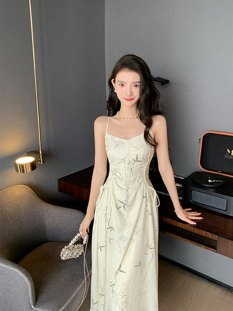 Deng Liuli Bamboo Pattern Printed Satin Slip Dress for Women, Summer ...