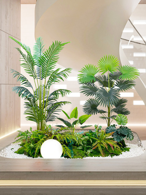 Simulation green plant landscaping indoor stairs under the balcony ...