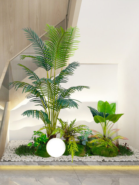 Simulation green plant landscaping indoor stairs under the balcony ...