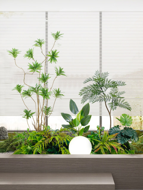 Simulation green plant landscaping indoor stairs under the balcony ...