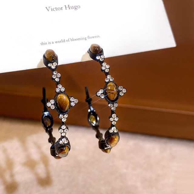 Retro temperament Maillard tiger eye stone micro-insert C-ring earrings ...