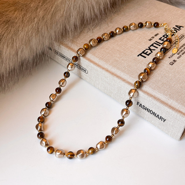 2024 New Autumn and Winter Maillard Tiger Eye Stone Splicing Necklace ...
