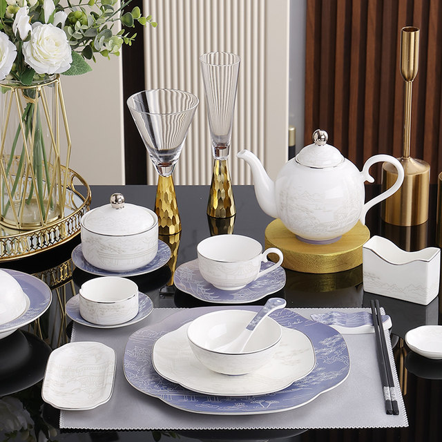 New Chinese style bone china tableware bowls and plates set hotel club ...