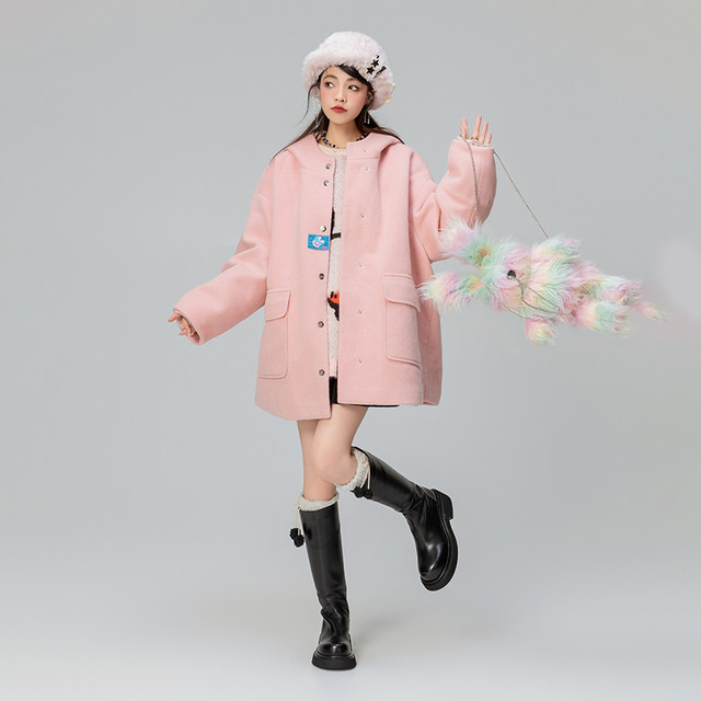 KEIKO [Padding] Rabbit Ears Hooded Woolen Jacket Winter Girly Rose Pink ...