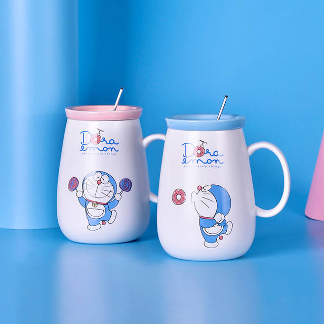 Doraemon cup female cute ceramic with lid student jingle cat mug blue ...