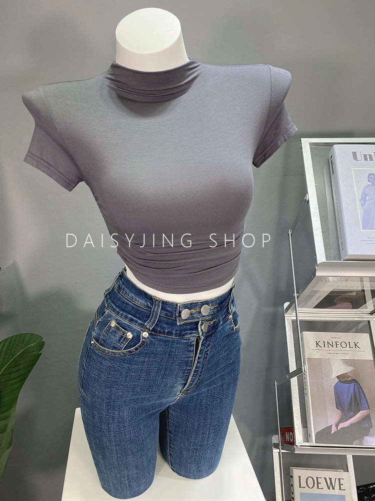 DAISYJING2024 new sexy tight half turtleneck pleated short navel ...