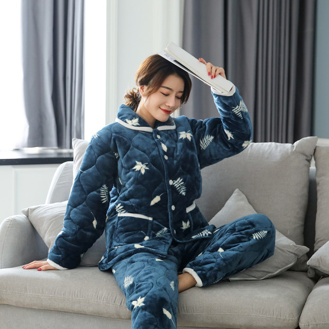 Pajamas women's winter three-layer thickened quilted pajamas women's ...