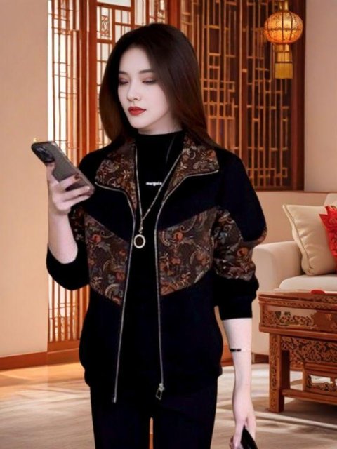 2024 autumn and winter printing qi stitching jacket plus velvet ...