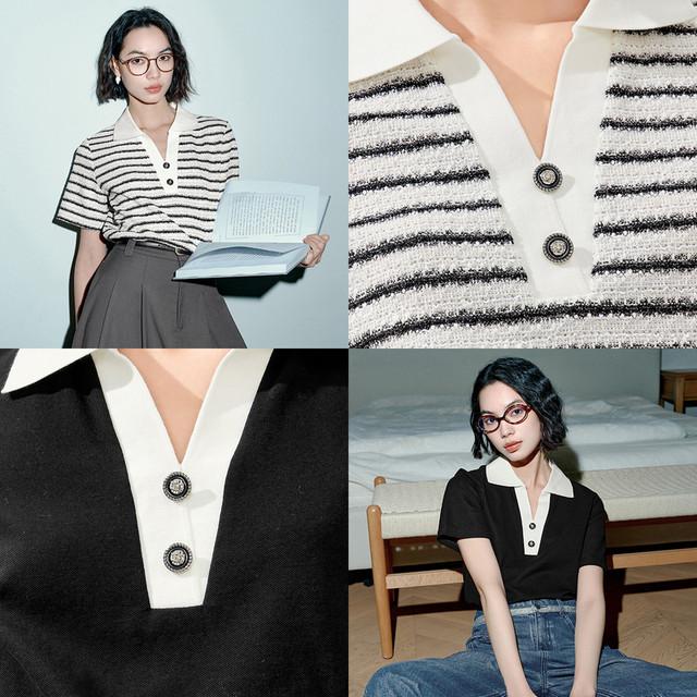 Evili's contrasting V -neck Polo collar short -sleeved T -shirt 2024 ...