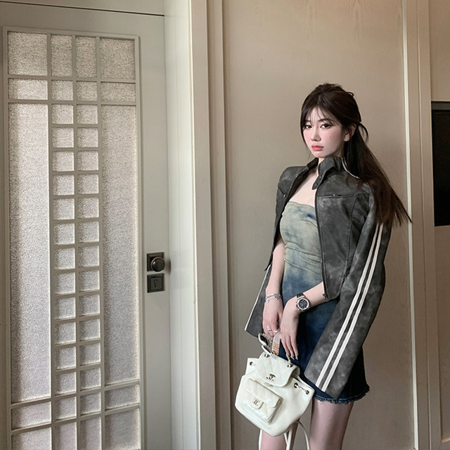 KKK STUDIO American retro motorcycle PU leather jacket for women in spring and autumn, all-match ...