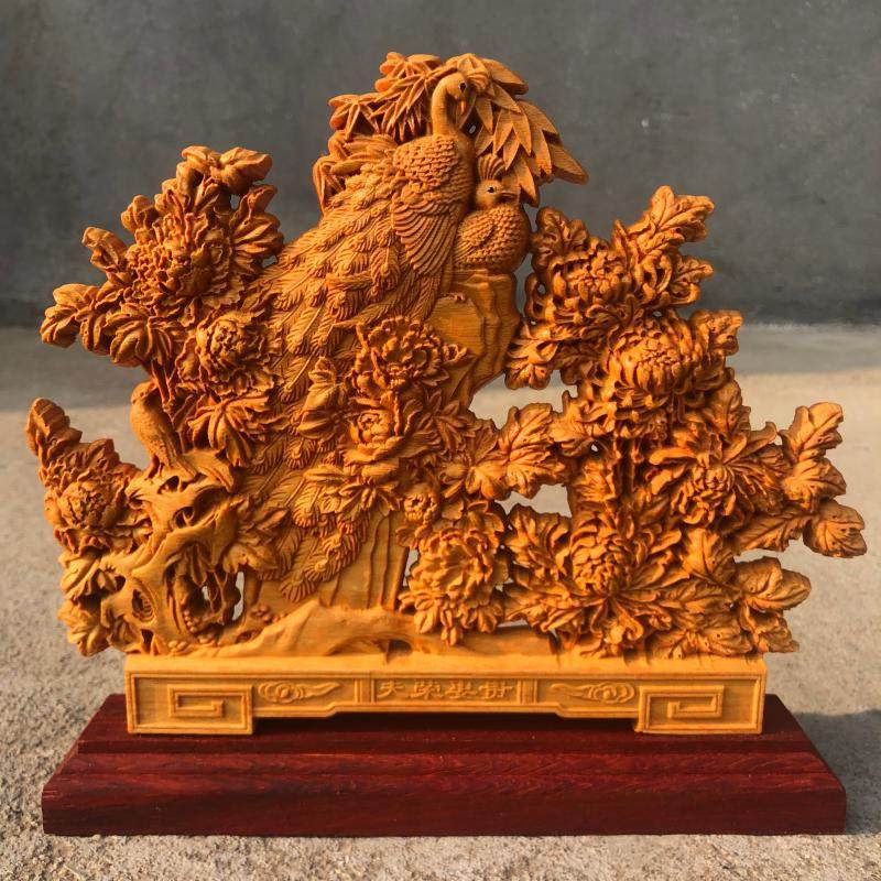 Cliff cypress boxwood carving peony flowers peacock husband and wife ...